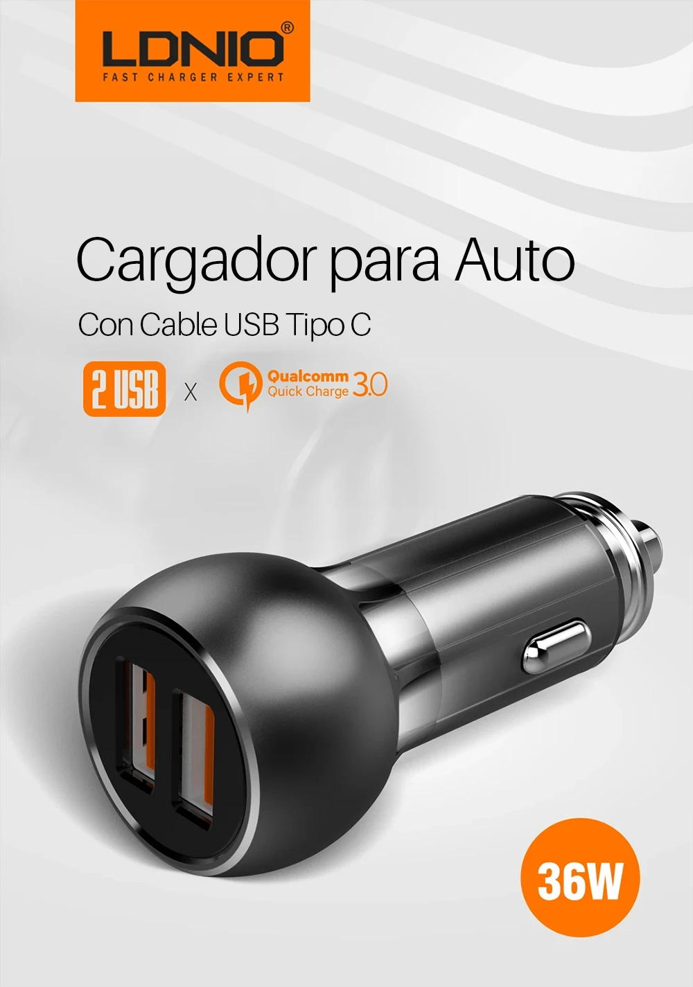 Cargador de Auto con 2 USB QC3 LDNIO C503Q