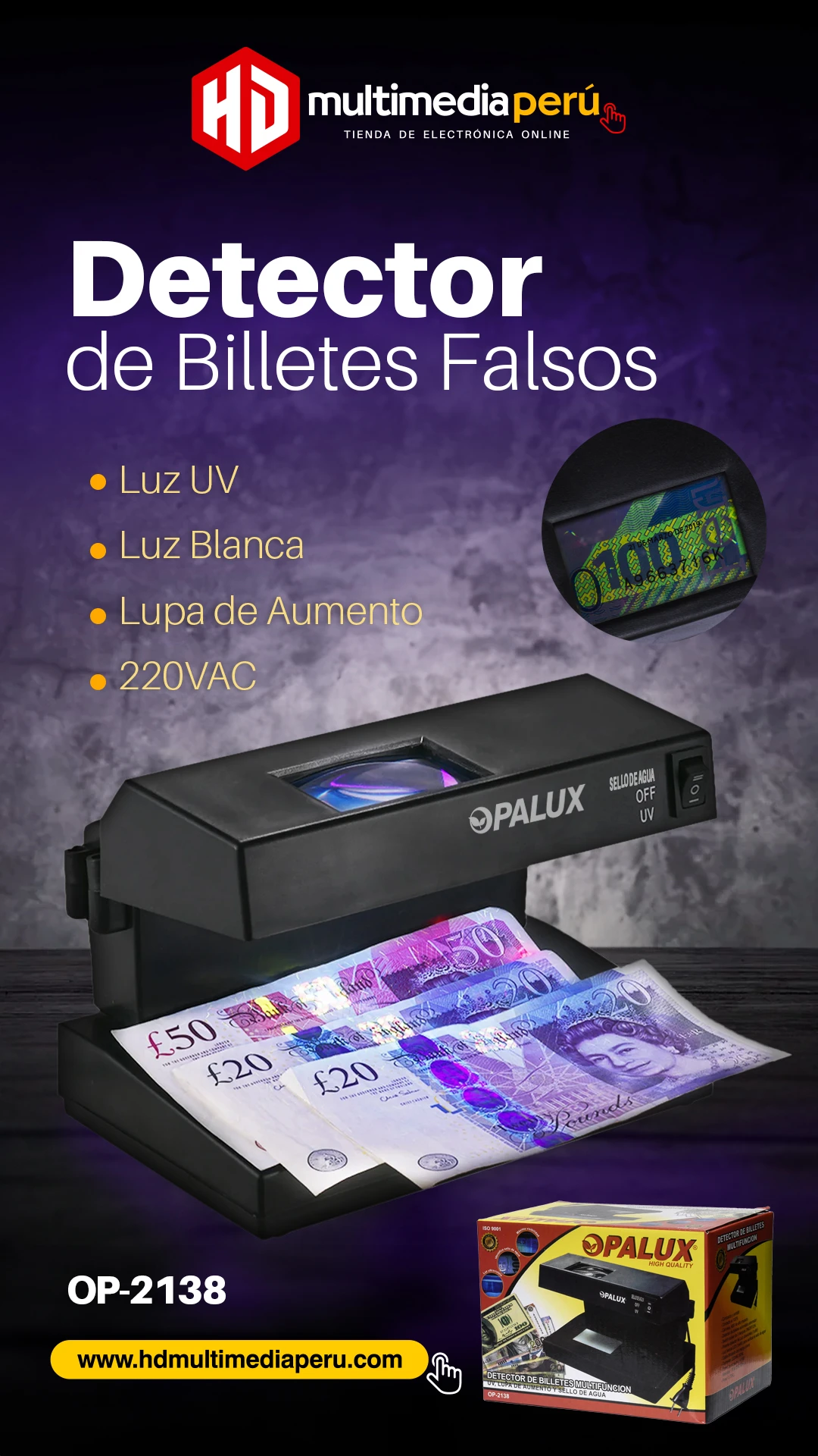 Detector de Billetes Falsos Opalux OP-2138 | Luz UV y Lupa para ...